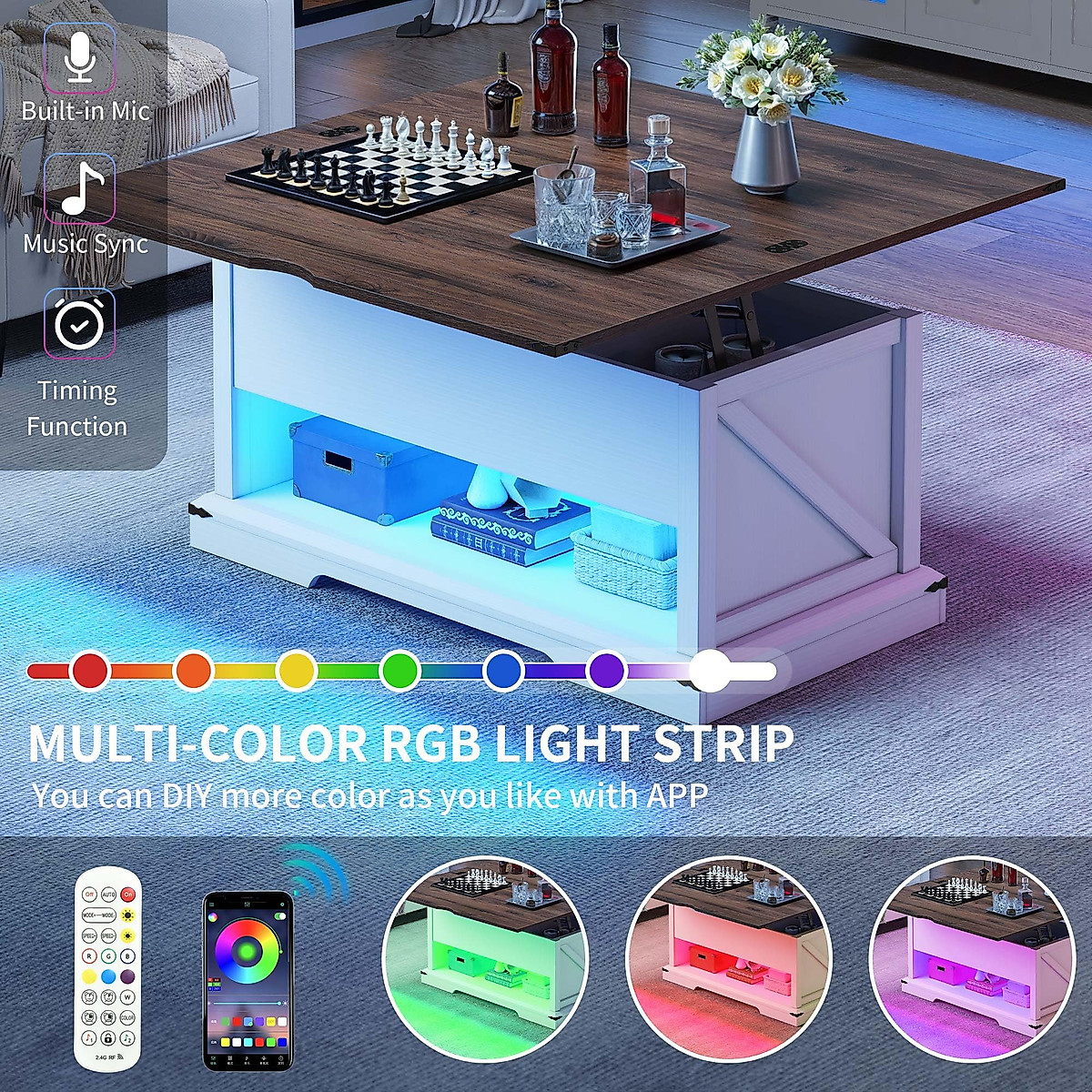 YITAHOME Lift Top Coffee Table for Living Room, 3 in 1 Multi-Functional LED Coffee Table with Storage, Wood Farmhouse Coffee Table with Hidden Compartment, Lift top Dining Table, White & Brown