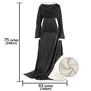 Linkidea Sherpa Wearable Blanket with Sleeves & Pockets for Adult Women and Men, Plush Fleece Robe TV Blanket for Couch, Sofa (Gray)