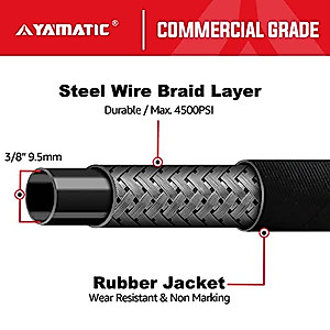YAMATIC 3/8" Pressure Washer Hose 4000 PSI 50FT Hot Water Power Washer Hose Max 212°F with Swivel Quick Connect, Commercial Grade Steel Wire Braided & Synthetic Rubber Jacket, Kink Resistant