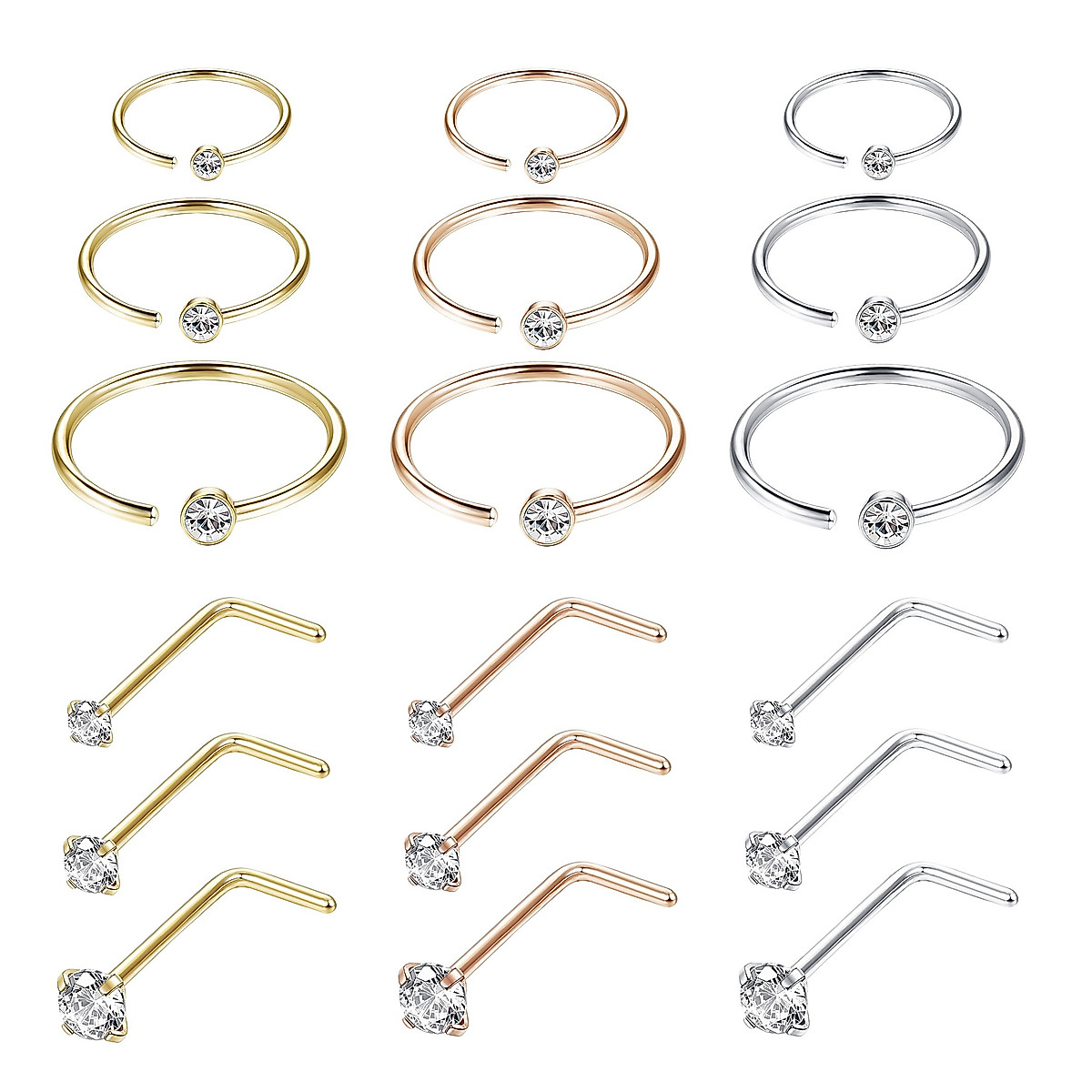 Jstyle 18Pcs Nose Rings Hoop Stainless Steel 20G L Shaped CZ Nose Studs Piercing Ring Hoop Body Jewelry Set