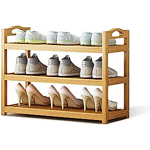 FEACM Bamboo Shoe Rack, 3-Tier Shoes Storage Organizer, Shoe Shelf for Entryway Boots Closet Free Standing Doorway, 70 x 25 x 51cm