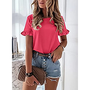 PRETTYGARDEN Women's Short Sleeve Casual T Shirts Summer Ruffle Plain Round Neck Loose Fit Tee Blouse Tops Watermelon Red