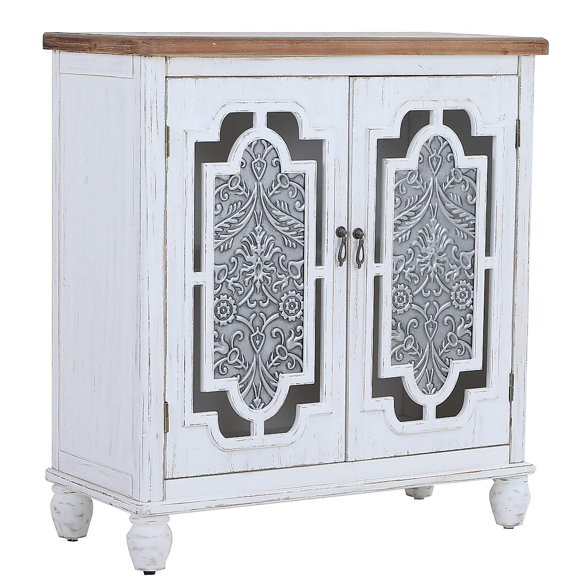 Sophia & William Accent Storage Cabinet with Wood Frame and Iron Embossed Painted Door, Distressed Floor Cabinet for Entryway Living Room