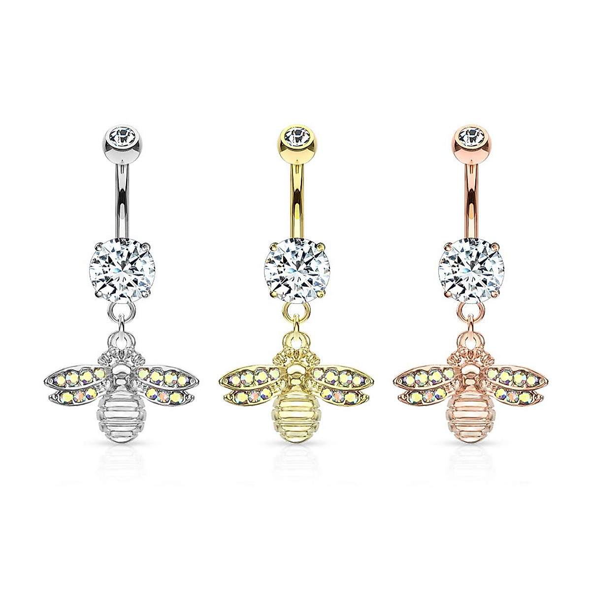 Dynamique Bee With AB Crystal Paved Wings Dangle Double Jeweled 316L Surgical Steel Belly Button Rings (Sold Per Piece)