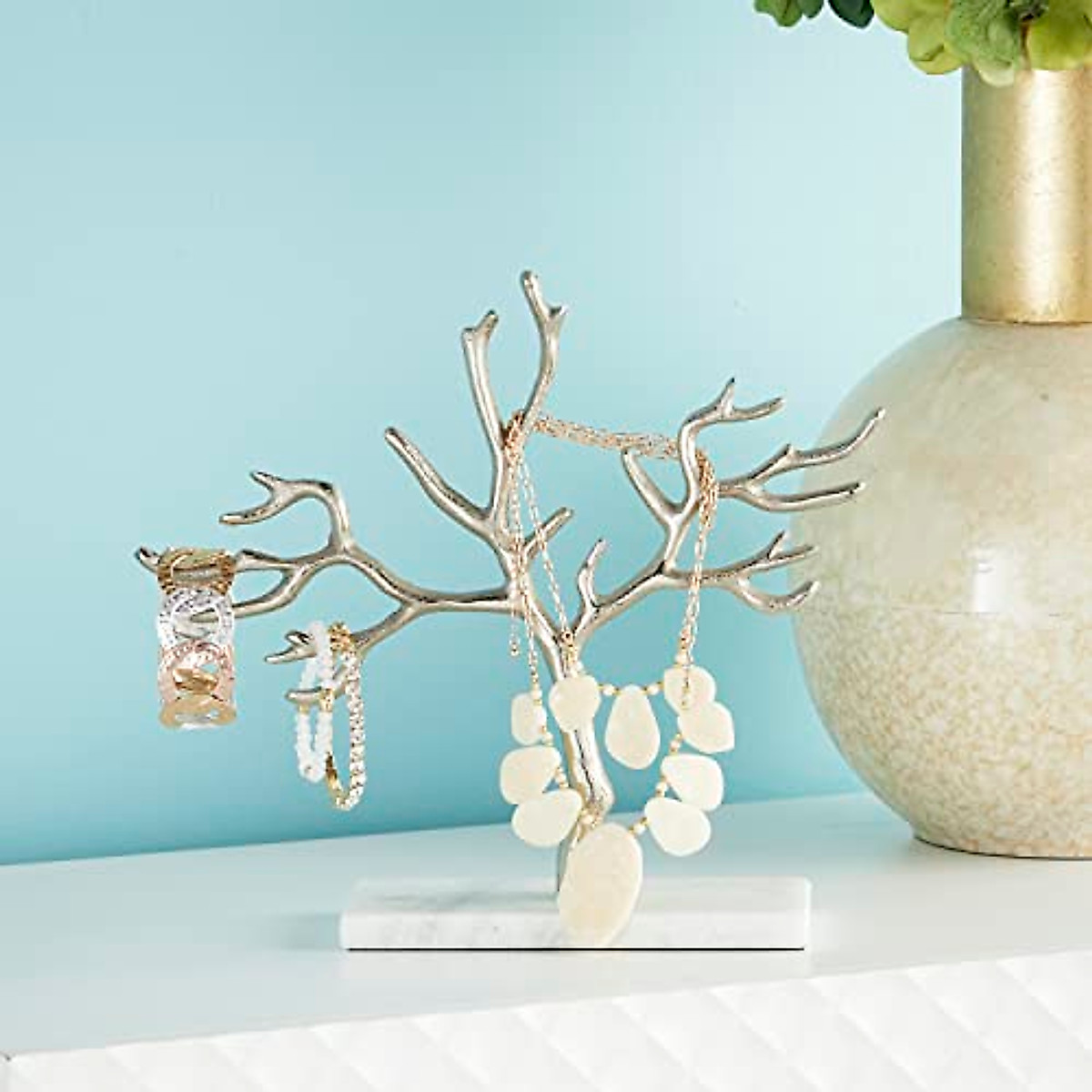 CosmoLiving by Cosmopolitan Marble Tree Jewelry Stand with Marble Base, 12" x 3" x 10", Silver