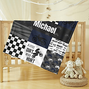 Personalized Motocross Minky Baby Blankets with Name, Customized Dirt Bike Patchwork Design Blankets for Boys Kids - Registry Gifts - Soft Plush Infant Toddler Baby Newborn Blanket
