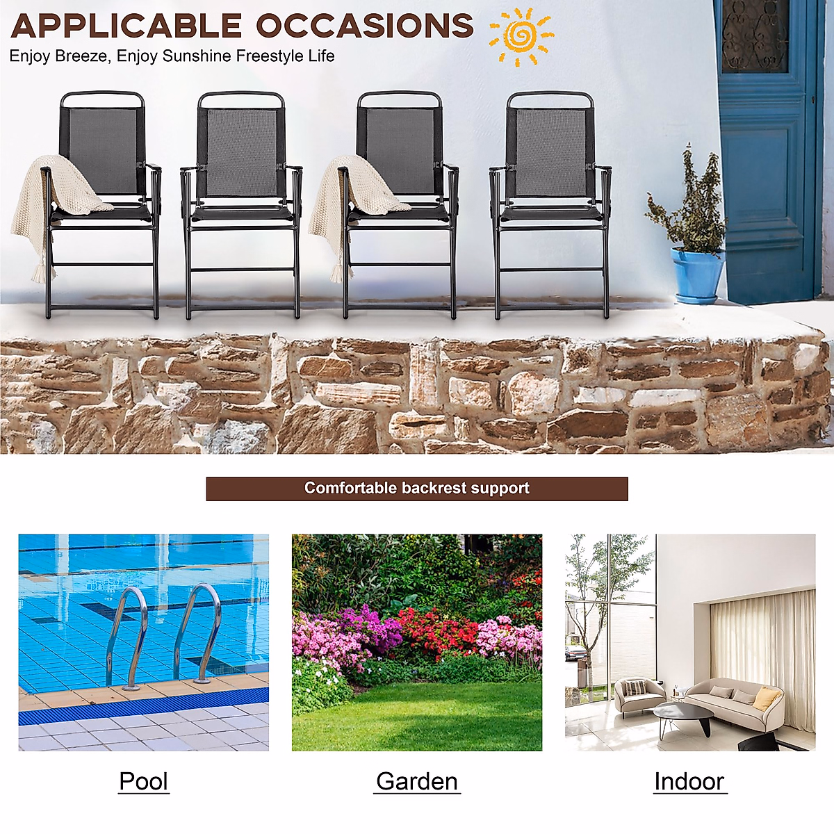 Vongrasig Folding Patio Dining Chairs Set of 4, Small Metal Outdoor Sling Chairs, Patio Furniture Set 4 Folding Chairs for Lawn, Garden, Deck, Backyard, Black