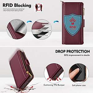 Antsturdy Compatible with Samsung Galaxy Note 10+ Plus case Wallet with Card Holder for Women Men Phone case RFID Blocking PU Leather Flip Cover with Strap Zipper Credit Card Slots,Wine Red