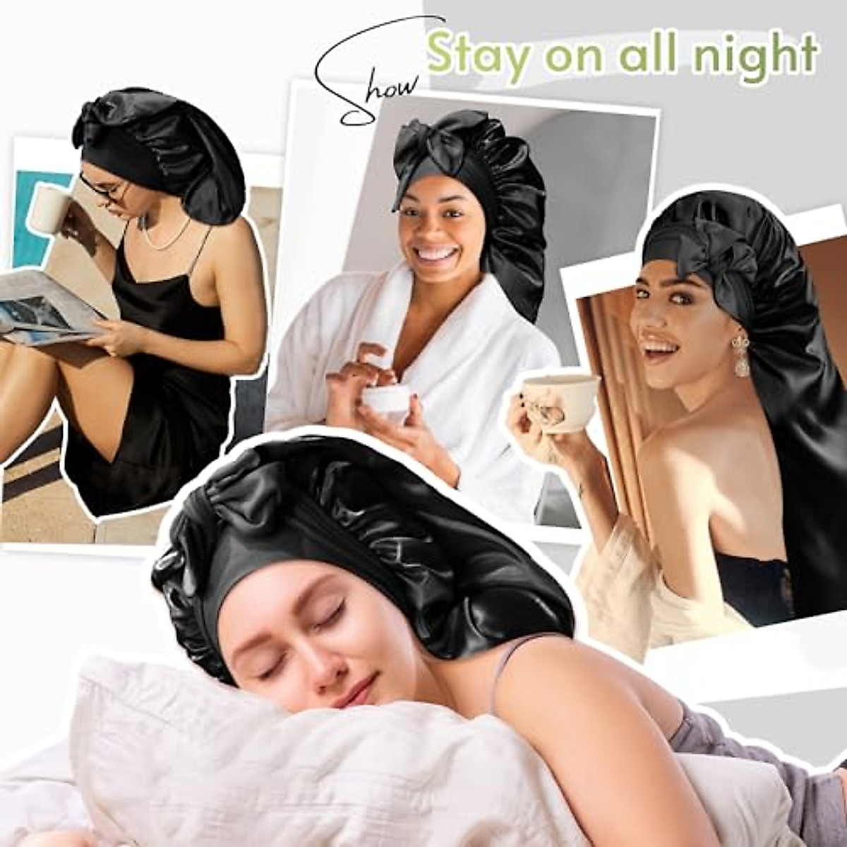 BONNET QUEEN Braid Bonnet Silk Bonnet Foldable Extra Long Bonnet for Braids Satin Bonnet for Sleeping Hair Bonnet with Tie Band Long Sleep Cap Black