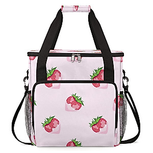 Pink Cute Strawberry Coffee Maker Carring Bag Travel Storage Tote Bag Compatible with Keurig K-Mini or K-Mini Plus Portable Single Serve Coffee Brewer Case with Pockets for K-cup Pods