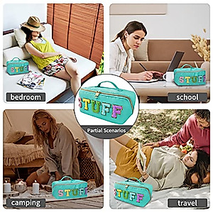 Huifen Stoney Clover Dupes Preppy Makeup Bag, Travel Cosmetic Bag Stuff Bag Chenille Letter Bag Large Capacity Nylon Bags Wide Open Falt Toiletry Bag Make up Organizer for Women Girls (Green)