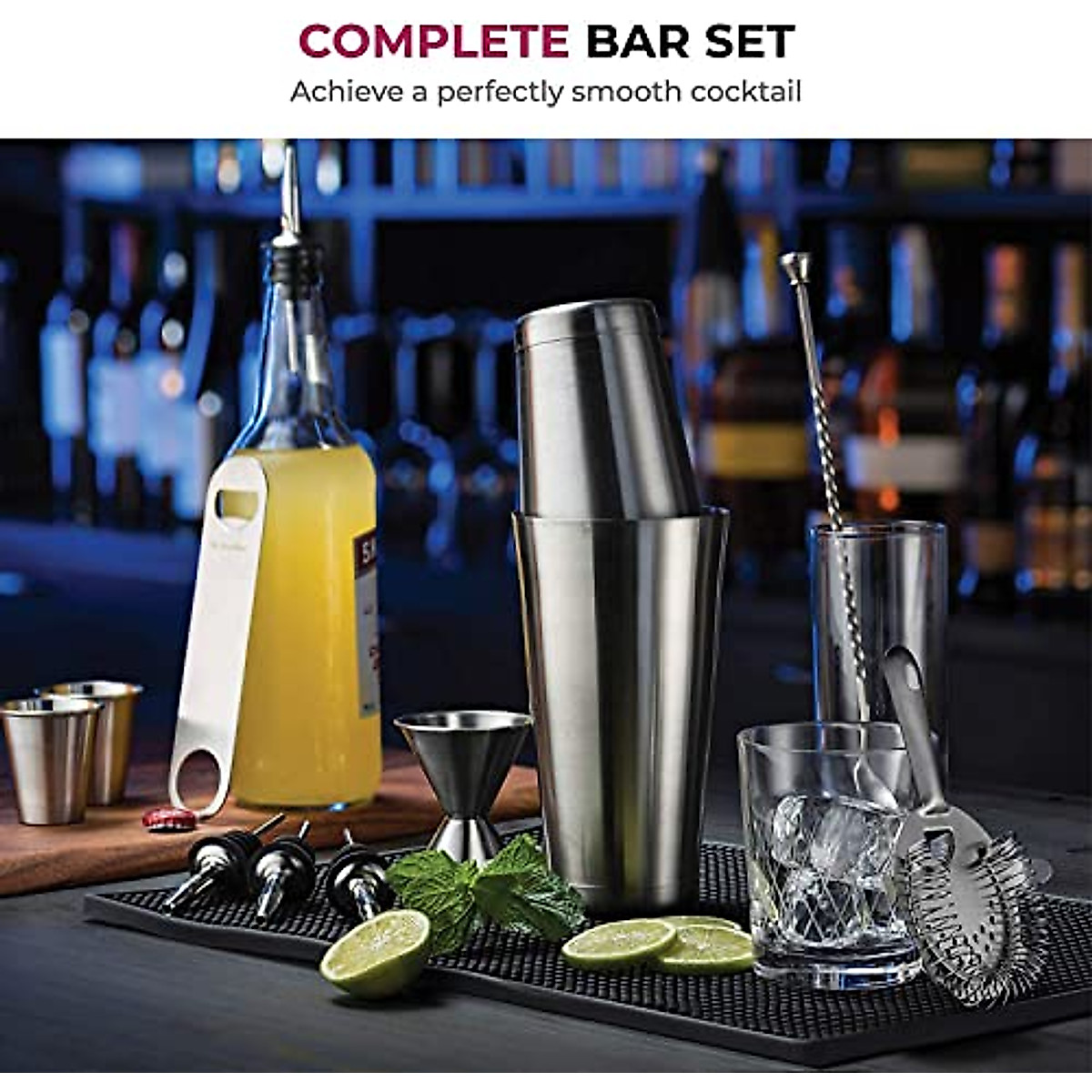 FineDine 14-Piece Cocktail Shaker Set Bartender Kit - Boston Shaker w/Strainer, Bar Jigger, Bar Spoon & More - Full Stainless Steel Cocktail Set w/Bar Tools - Drink Mixer Bar Set - Bar Accessories