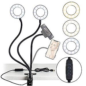 NexiGo 3.5 Inch Dual Selfie Ring Light with Moible Phone & Webcam Holder, 3-Light Modes, 10 Brightness Levels, LED Ringlight with Tripod Stand, for Live Streaming Makeup Video Conference