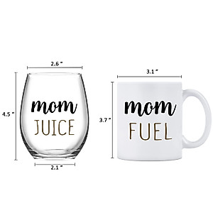 Gtmileo Mom Fuel Ceramic Coffe Mug 11Oz & Mom Juice Wine Glass 15Oz Set of 2 - Funny Mother's Day Gift Set for Mom Mommy Mama Wife, Ideal Birthday Christmas Gift from Daughter, Son, Husband, Friends