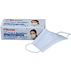 ValuMax 5630E-SB Ultra-3-In-1 Sensitive Disposable Earloop Face Masks, Cellulose Inner Layer, High Filtration, Sky Blue, Box of 50