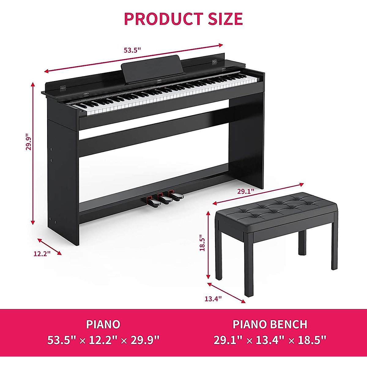 Setting 88-Key Weighted Digital Piano, Electric Upright Piano with 3-Pedal Unit Board, LCD Screen, Multi-Functional Full Size Keyboard and Power Adapter(Black(with Bench)), 53.5 x 29.9 12.2 Inch