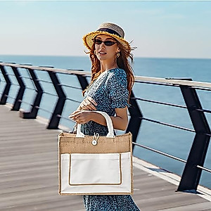 ZOOFOX 6 Pack Jute Tote Bags, Burlap Tote Bag with Handles, Large Beach Bag for Women, Grocery Bridesmaid Bag Weaving Tote Bags for Beach, Wedding, Shopping, Travel, 16.5"x 13"x 7"