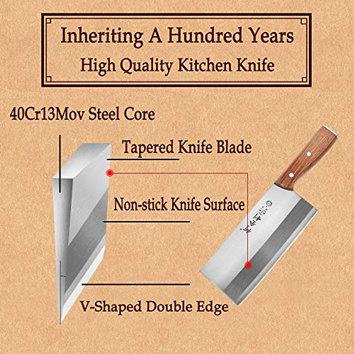 Cleaver Knife 7 Inch – Chinese Chef Knife with rosewood Handle, Vegetable Meat Cleaver Knife with case, Anti-rust Kitchen Knife for Cooking