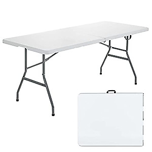 Goplus Folding Tables, 6ft Foldable Plastic Card Table, Portable Heavy Duty Fold Up Table w/Handle, White Outdoor Utility Folding Table for Picnic, Party, Dining, Camping, Beach, BBQ, No Assembly