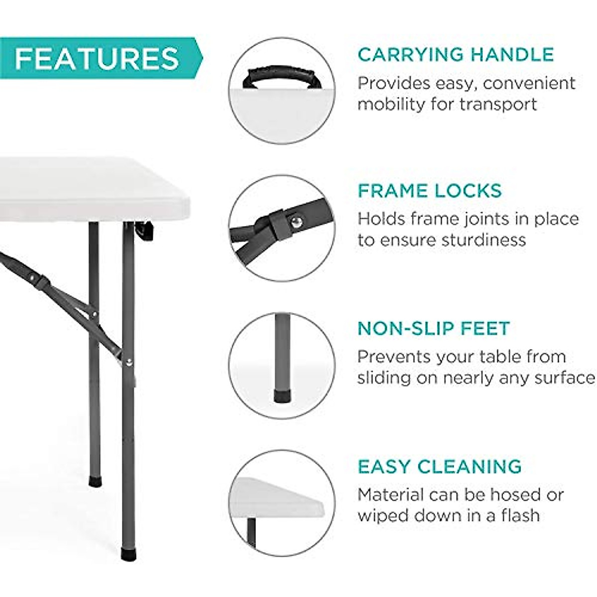 New Home Era Folding Table - Foldable Heavy Duty Plastic Table for Indoor & Outdoor Parties, Picnic, Camping, Wedding, BBQ Catering, Garden Dining - Fold-in-Half Portable Utility Table - White - 4ft