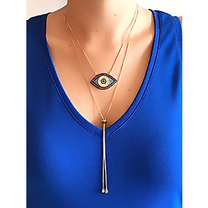 LESLIE BOULES Evil Eye Necklace for Women 18K Gold Plated Sliding Chain Protection Jewelry (FASHION)