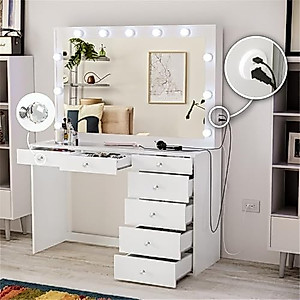 Boahaus Serena LARGE Makeup Vanity with Hollywood Lights Built-in, 7 Drawers, Hollywood Mirror, Hairdryer Hanger, Glass Top, Crystal Ball Knobs, White Vanity Makeup Desk for Bedroom, 58''Hx47''Wx17''D