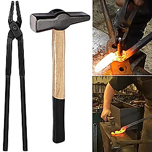 Blacksmith Forging Tools Kit Wolf Jaw Tongs (16'') & Blacksmith Hammer Anvil Blacksmithing Tongs Hammer Forge Tools For Making Knife, Forged Tongs
