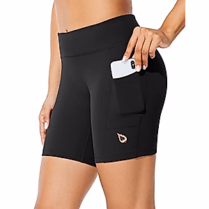 BALEAF Women's 7" Long Compression Running Shorts High Waisted Yoga Biker Shorts with 3 Pockets Black S