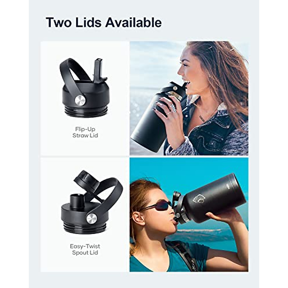 BUZIO 64oz Insulated Water Bottle with Straw Spout Lid, Half Gallon Double Wall Vacuum Stainless Steel Food-Grade Water Jug with Carrying Sleeve, Wide Mouth Leak Proof Water Flask, Keep Cold Hot