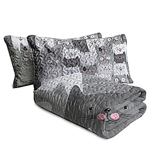 BlessLiving Cat Quilt Set Gray Queen(90"x90"), 3 Pieces(1 Cartoon Cat Pattern Quilt and 2 Pillowcases), 3D Kawaii Cats Bedspread Microfiber Coverlet Sets All-Season for Teens Boys Adults Women