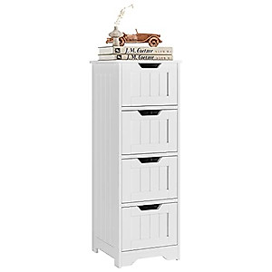 FOTOSOK Bathroom Storage Cabinet, Side Cabinet with 4 Drawers, 11.8” x 11.8” x 32.5” Freestanding Bedside Table Entryway Cupboard Storage Organizer Unit Home Furniture Decor, White