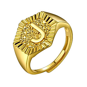 U7 Wedding Band Resizable Knuckle Ring Cool Gold Plated Party Jewelry Copper Fashion Hexagon Singet Ring for Women with Letter J