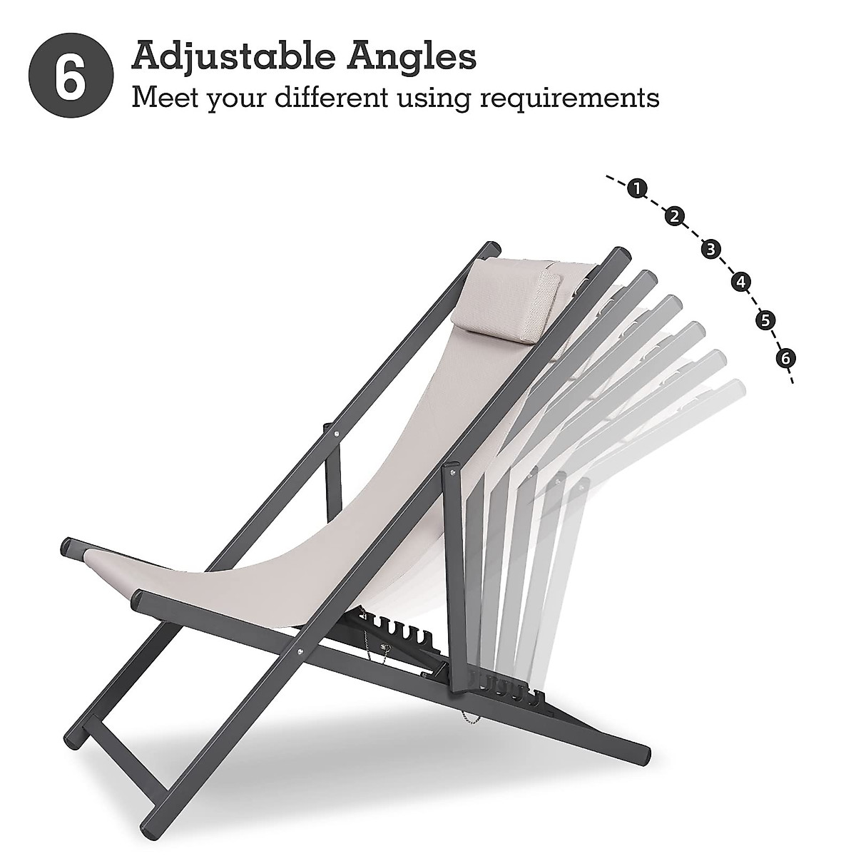 RICNOD Outdoor Sling Chairs Set of 2 Portable Folding Aluminum Reclining Lounge Chairs Adjustable Patio Deck Chairs with Headrest, 2 Folding Stools, Beige