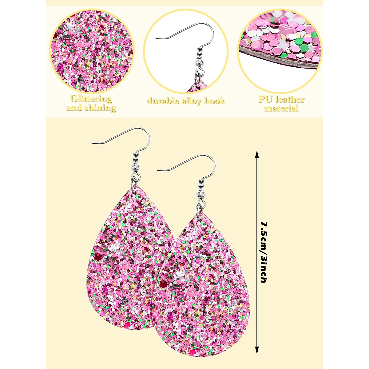 Hicarer 20 Pairs Glitter Teardrop Earrings Bulk Leather Lightweight Leaf Dangle Earring Fashion Jewelry for Women(Bling Color)