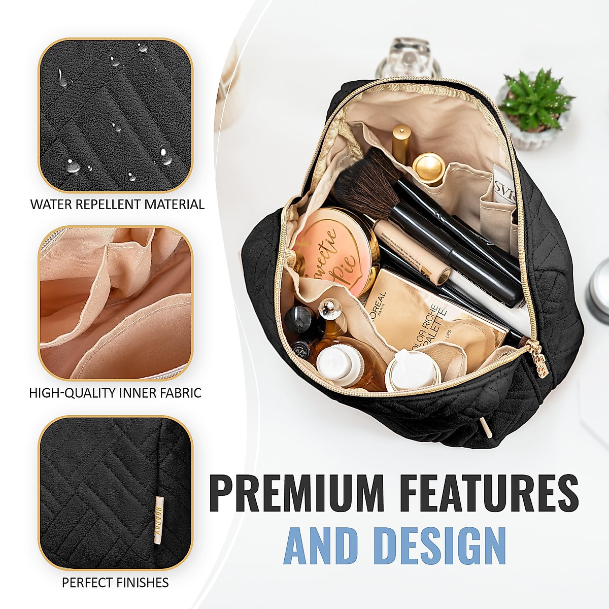 BOACAY Large Makeup Bag, Travel Cosmetic Pouch for Women, Girls & Kids, Zipper Toiletry Organizer for Purse, Kit Case for Accessories, Brushes