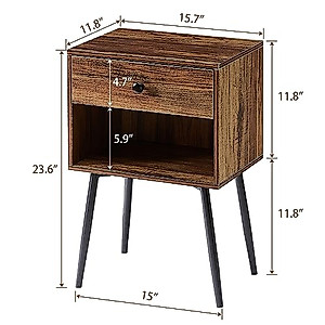 VECELO Nightstands Set of 2 Industrial 2-Tier Night Stand/Side Drawer, Wood Mid Century End Tables for Small Places, Bedrooms, Living Room, Home, Farmhouse, Rustic Brown