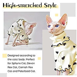 Bonaweite Sphynx Hairless Cats Clothes, Cotton Cute Heart Pattern Sweater T-Shirts with High Collar, Soft Breathable Puff Sleeves Kitten Cat Wear Shirt Apparel for Cornish Rex, Devon Rex, Peterbald