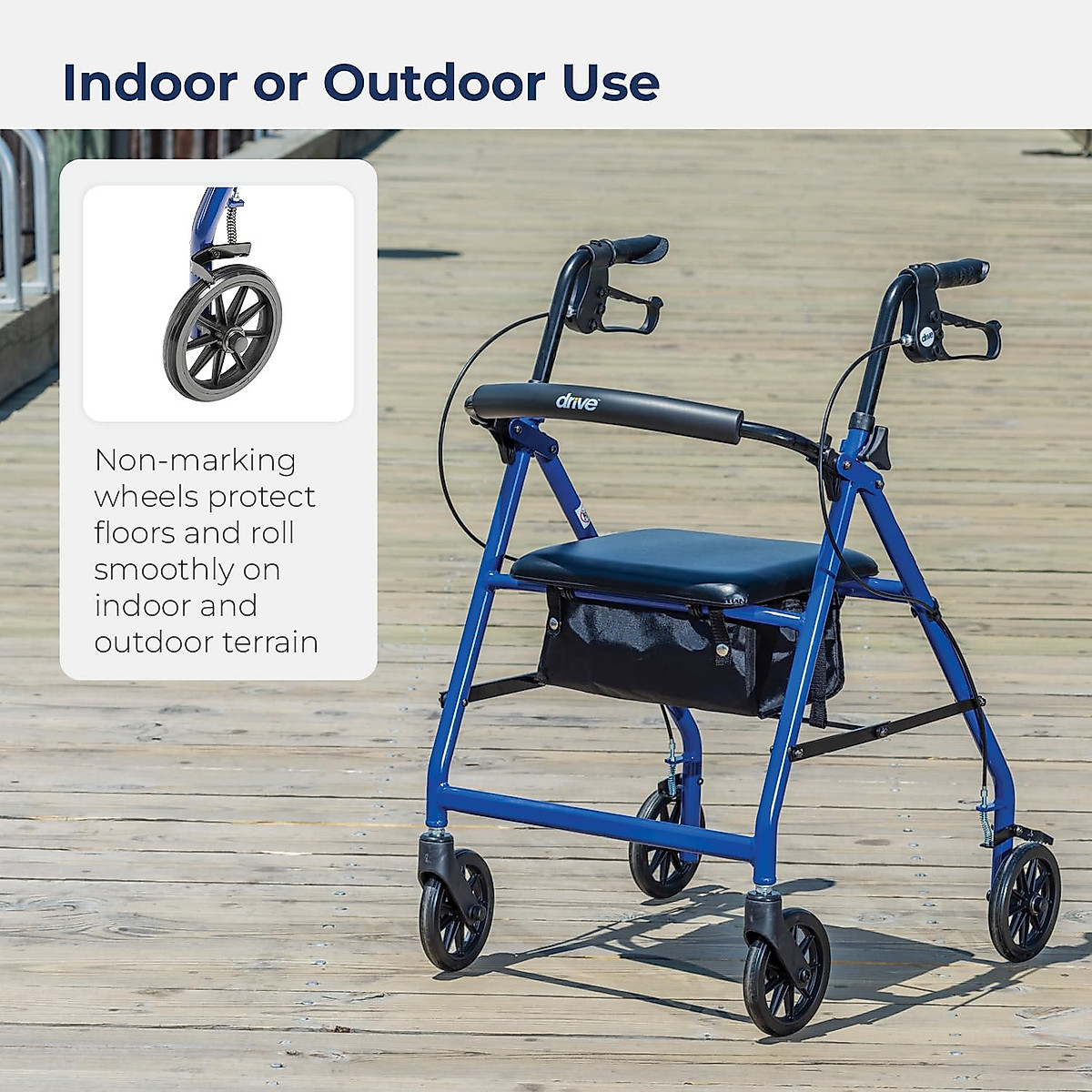 Drive Medical Aluminum Rollator Walker Fold Up and Removable Back Support, Padded Seat, 6" Wheels, Blue,R726BL