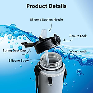 FuelUp Motivational Water Bottle Black with Sleeve, Flip Top Durable BPA Free Tritan Non-Toxic Frosted Bottle Perfect for Office, School, Gym and Workout