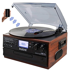 Boytone BT-22M, Bluetooth Record Player Turntable, AM/FM Radio, Cassette, CD Player, 2 Built in Speaker, Ability to Convert Vinyl, Radio, Cassette, CD to MP3 Without a Computer, SD Slot, USB, AUX