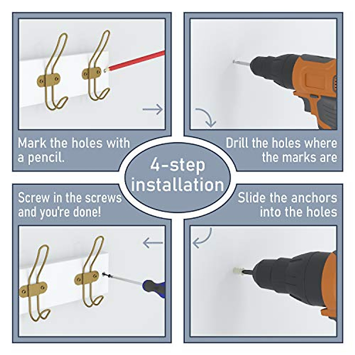 Tibres - Brushed Gold Wall Hooks for Hanging Coat Clothes and Towel - Brushed Gold Coat Hook Rack Door or Wall Mount - White Hanger with 4 Metal Matte Gold Hooks for Bathroom - Solid Wood