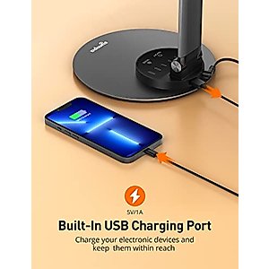 sympa LED Desk Lamp, Aluminum Alloy Dimmable LED Table Lamp with 3 Color Modes, 6 Brightness Levels, USB Charging Port, Adjustable Angle, Memory Function, Table Lamp for Home Office Lighting, Grey
