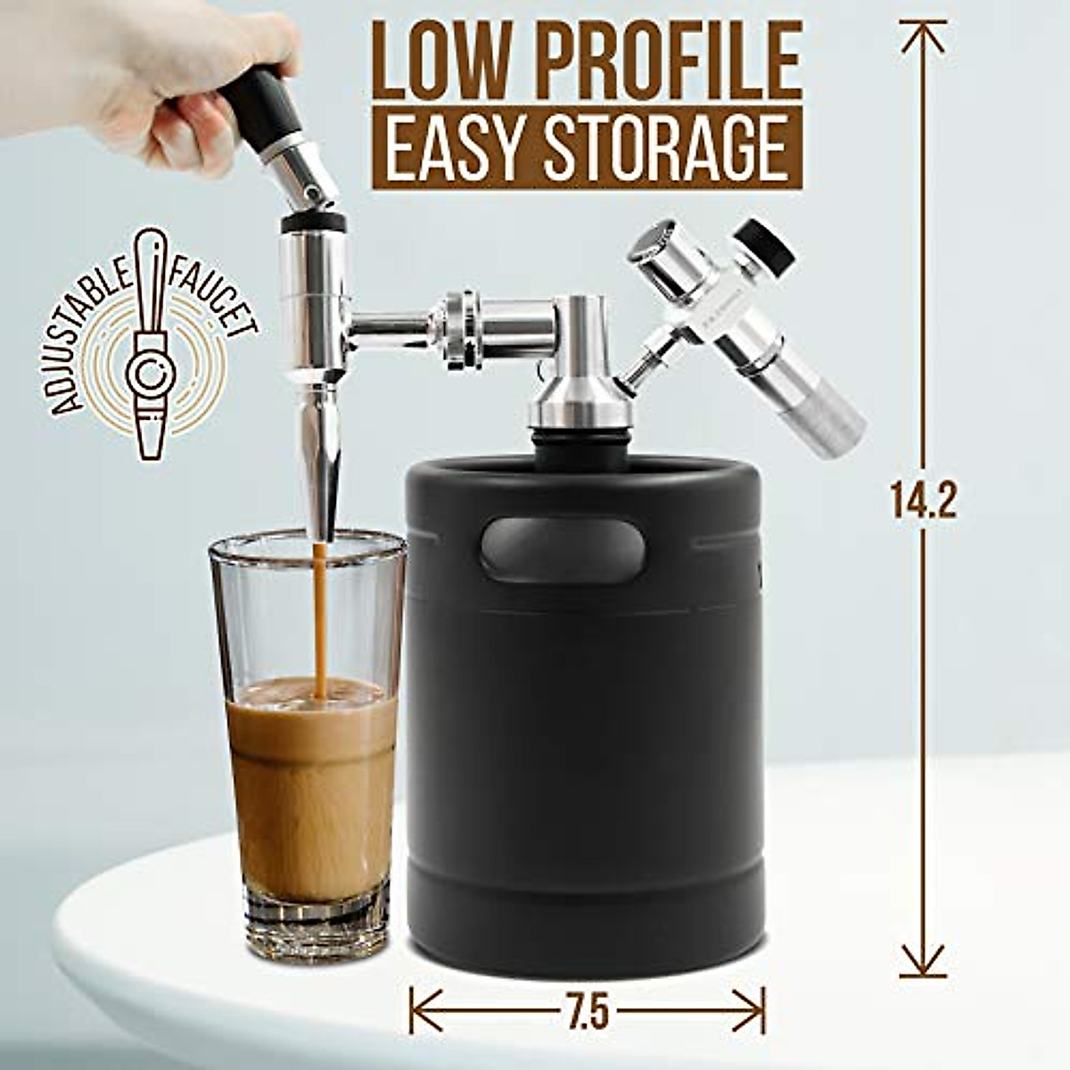 NutriChef Nitro Cold Brew Coffee Maker - 64Oz Stainless Steel Home Brew Coffee Keg w/Adjustable Pressure Regulator, Nitrogen Coffee Growler Machine Dispenser System, Stout Creamer Faucet NCNTROCB20