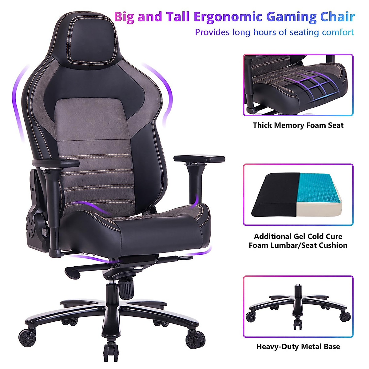 Big and Tall Gaming Chair 440LBS Gaming Chair with Metal Base Memory Foam Lumbar 4D Adjustable Armrest Gaming Chair for Heavy People Ergonomic High-Back Computer Chair