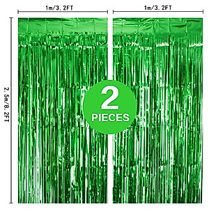 2 Pack Green Tinsel Curtain Party Backdrop, 3.2Ft x 8.2Ft Metallic Tinsel Foil Fringe Curtains Photo Booth Props Background for Christmas St Patrick’s Day Safari Tropical Bachelorette Decorations