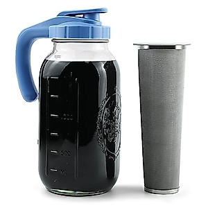 LIVEBAY Cold Brew Mason Jar Iced Coffee Maker, 64 oz Wide Mouth Glass Mason Jar with pour spout Lid, Heavy Duty Stainless Steel Filter - (2 Quart / 1.9 Liter)