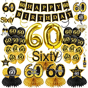 Turypaty 36Pcs 60th Birthday Decorations Kit for Men Women, Black Gold Happy 60 Birthday Banner Balloons Honeycomb Centerpiece Hanging Swirls Kit Party Supplies, Sixty Year Old Bday Table Topper
