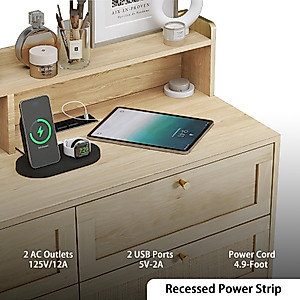 FUQARHY Rattan Dresser for Bedroom with Shelves, Modern 6 Drawer Double Dresser with Charging Station, Wood Chest of Drawers for Bedroom, Living Room, Hallway (Natural)