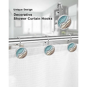 Turquoise Brown Cream Shower Curtain Hooks, Beach Geometric Gradient Striped Teal Decorative Shower Curtain Hooks for Bathroom Abstract Modern Stainless Steel Rustproof Shower Curtain Rings Set of 12