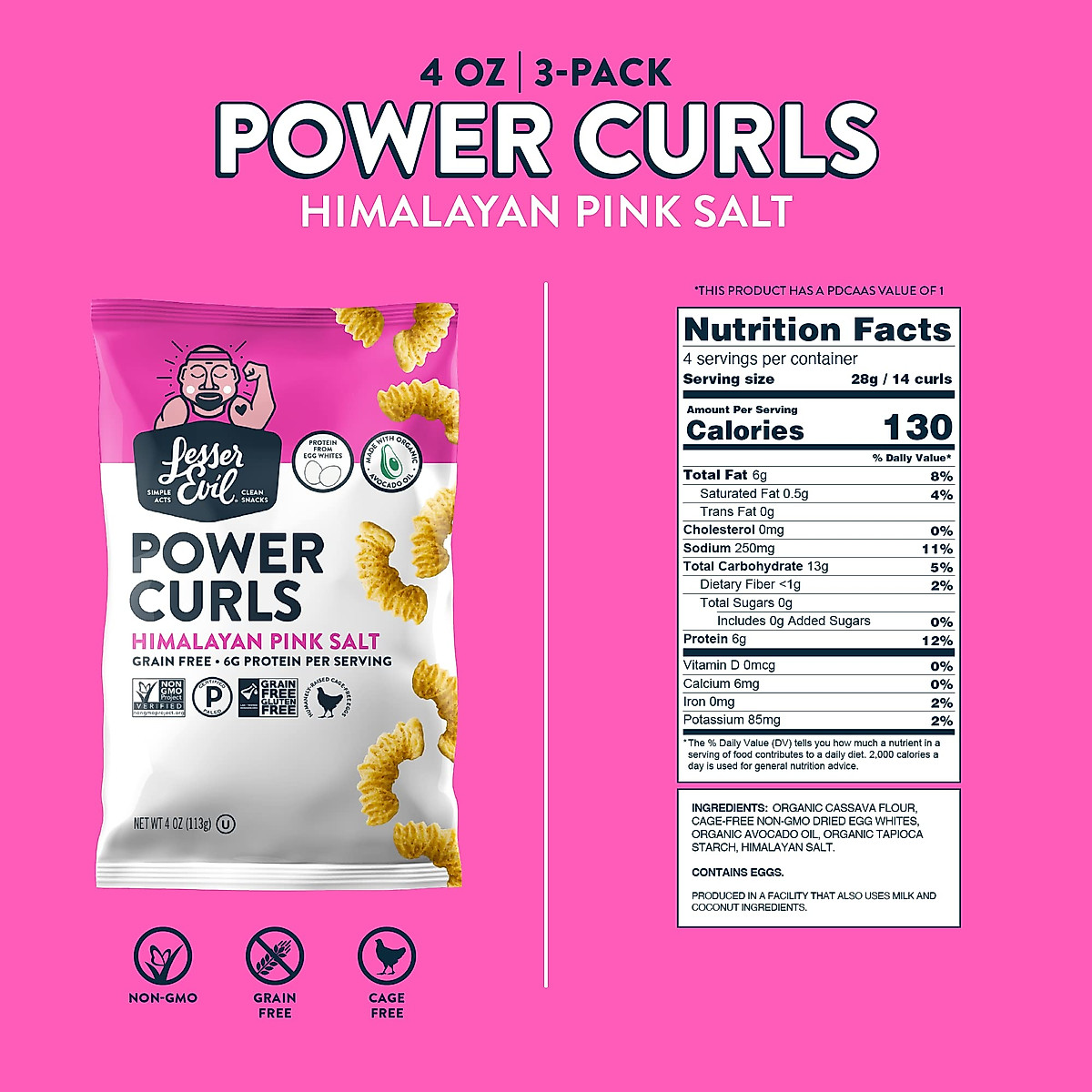 LesserEvil Himalayan Pink Salt Power Curls, Grain Free, Minimally Processed, Avocado Oil, Egg White Protein, 4 Oz, Pack of 3